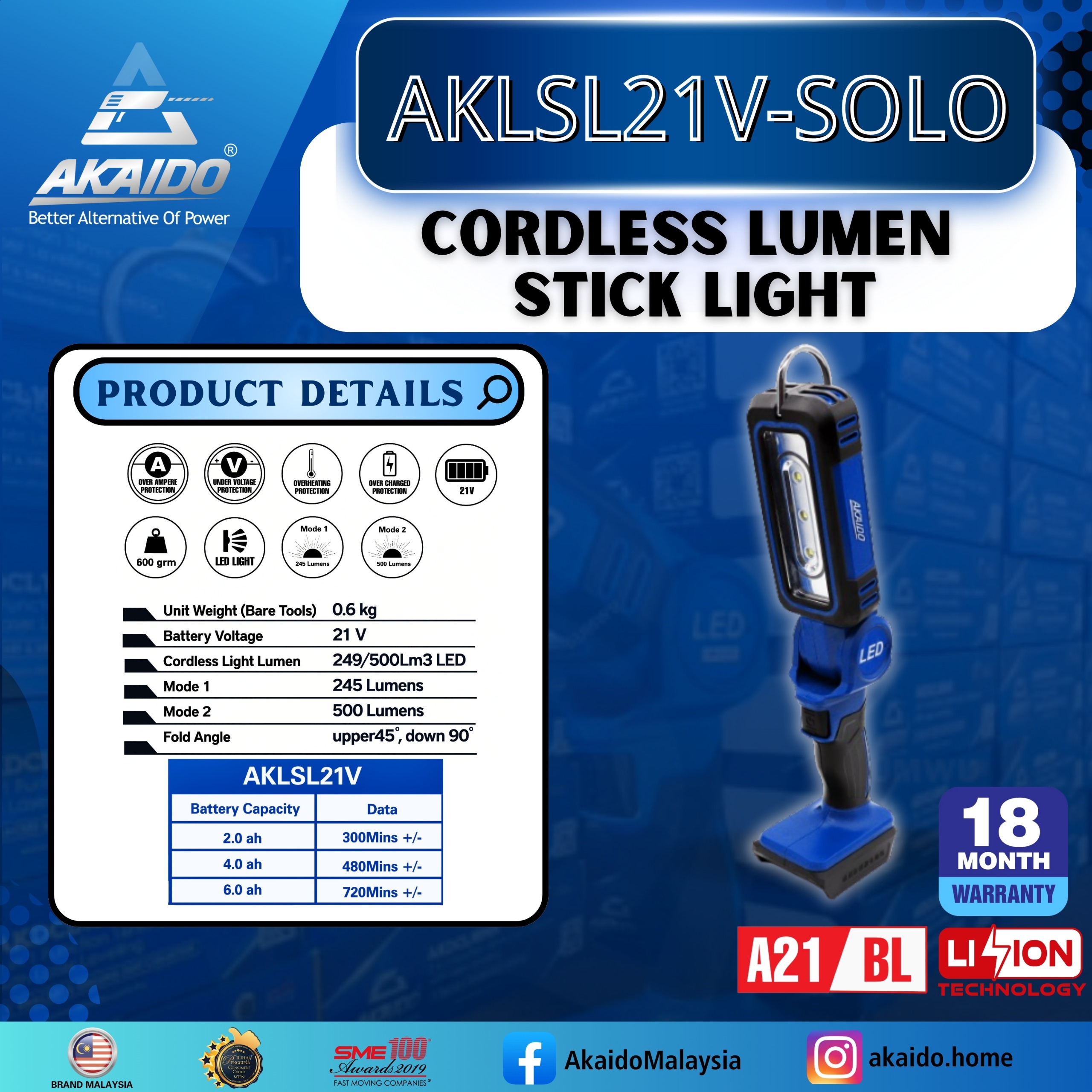 AKAIDO A21BL CORDLESS LUMEN STICK LIGHT AKLSL21V – AKAIDO