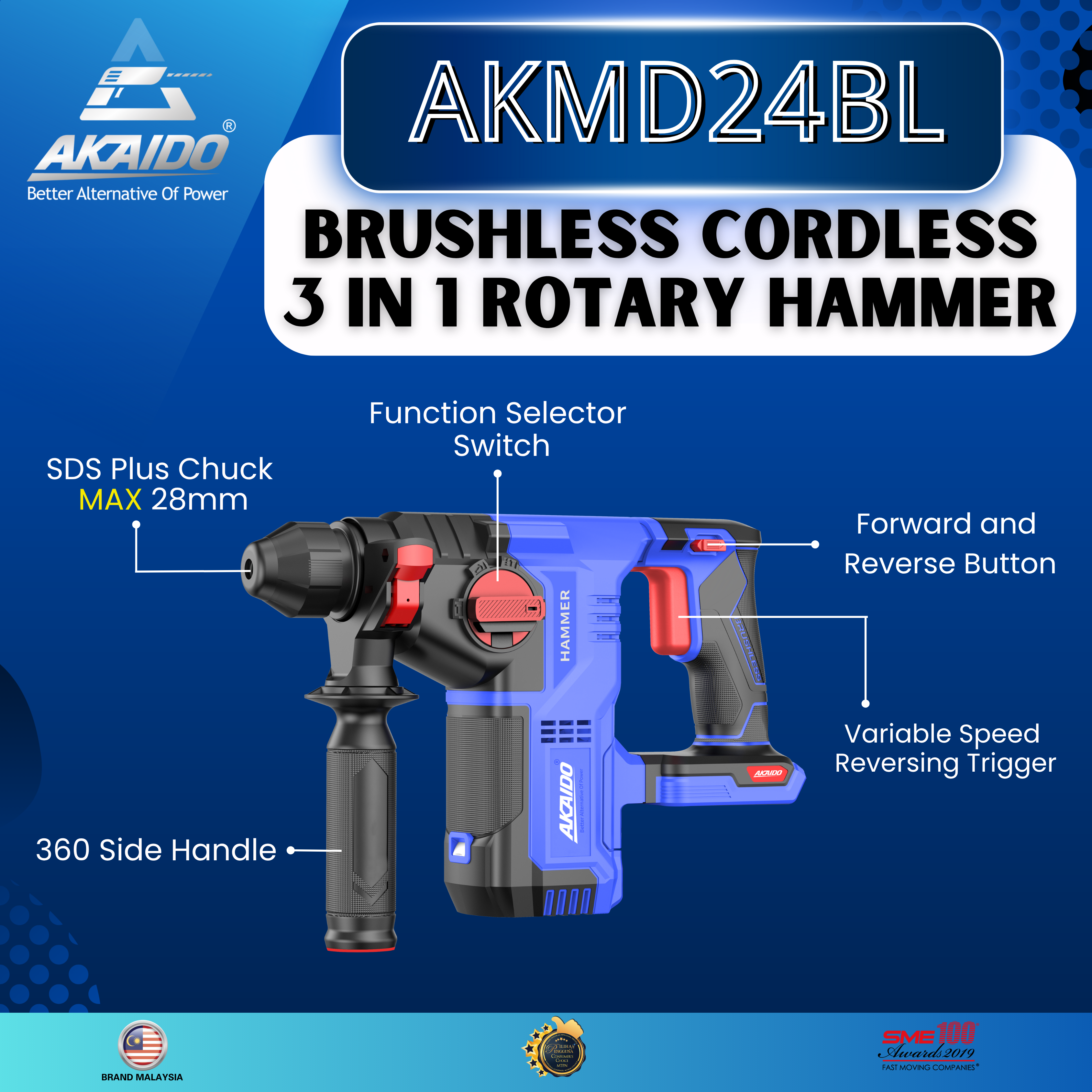 AKAIDO A21BL BRUSHLESS CORDLESS ROTARY HAMMER 3IN1 AKMD24BL – AKAIDO